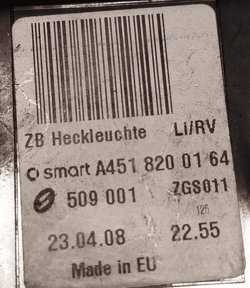 A451 820 01 64 Fanale post. SX SMART FORTWO (A/C451) 1000 (52Kw) MHD ...