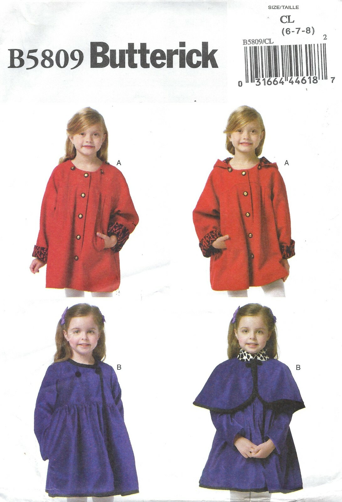 Butterick B5809 Girls' Coat w Detachable Hood & Capelet Sz 6-8 UNCUT ...