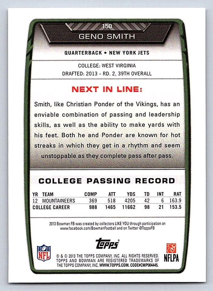 2013 Bowman #150 Geno Smith RC | eBay