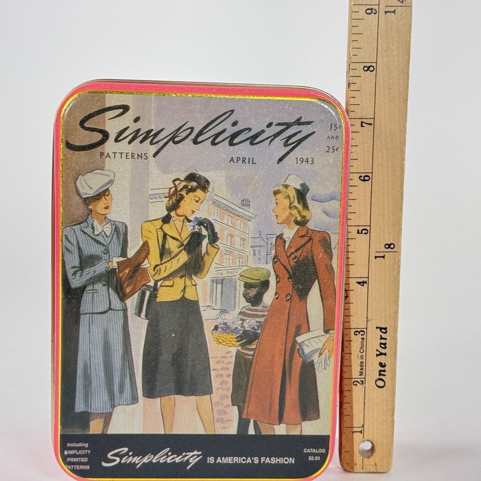 Vintage Simplicity Patterns Tin Box April 1943 Pink Gold Metal Storage ...