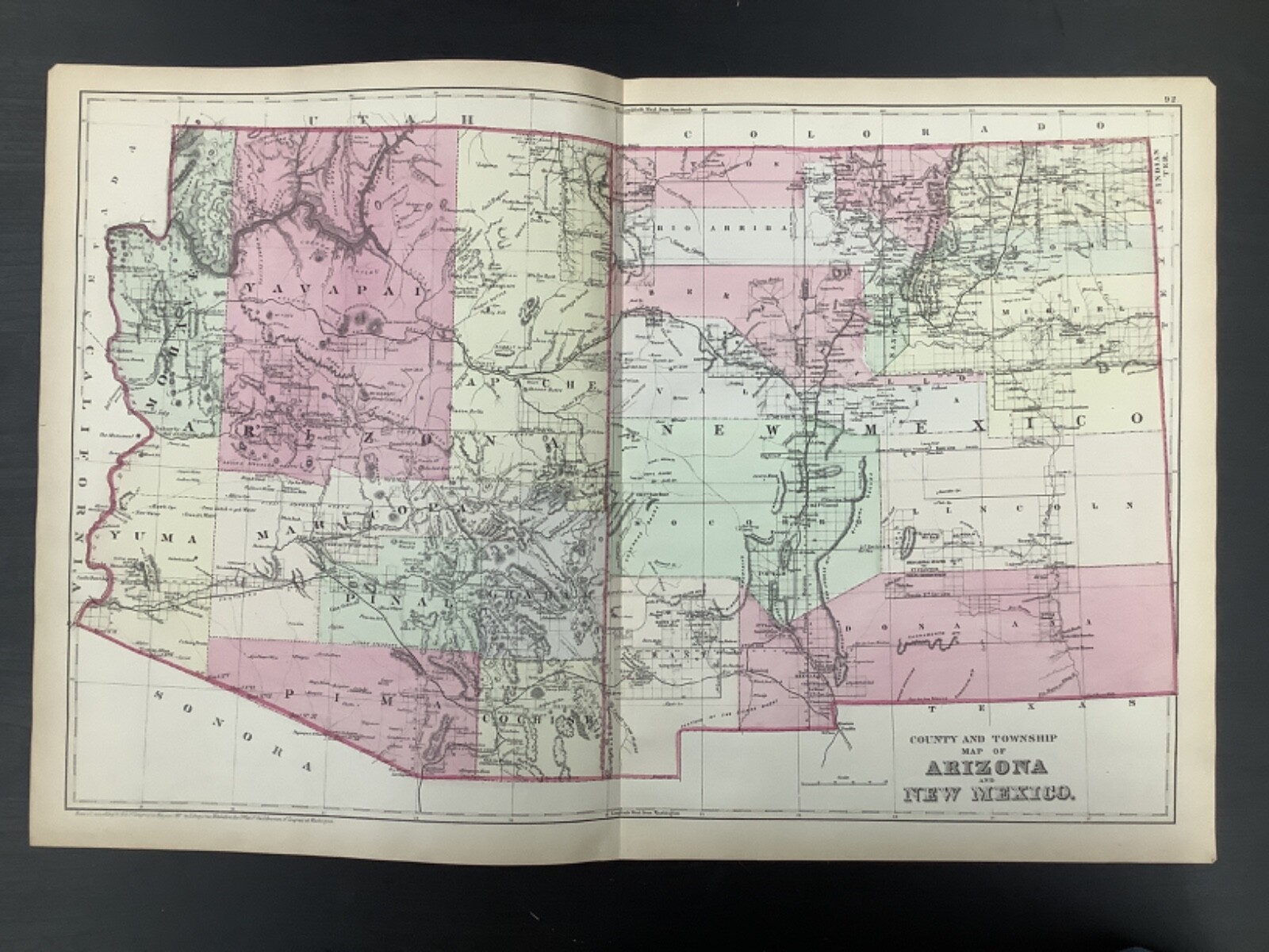 1883 S. Augustus Mitchell Atlas Map Of Arizona & New Mexico Double-Page ...