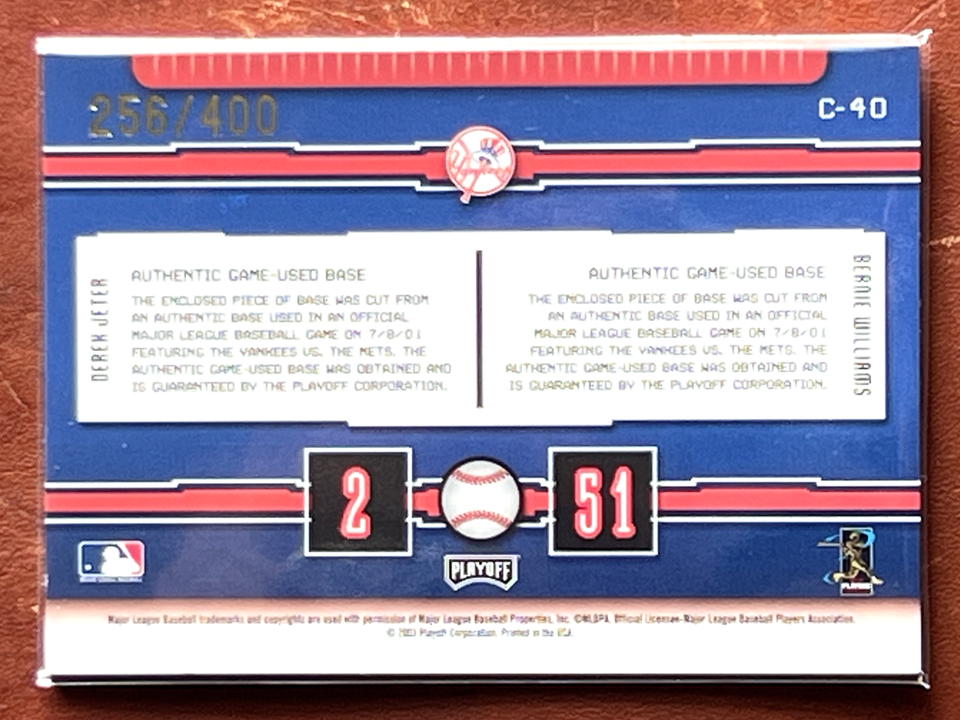 Derek Jeter & Bernie WIlliams Game USED Base Relic - NY Yankees ...