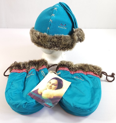 NEW Vtg INUK Winter Blue Beanie Fur Hat & Mittens Bundle, RARE! | eBay