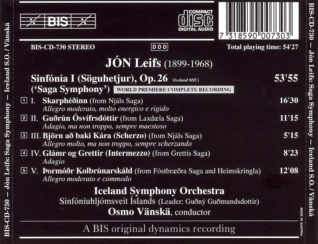 J¢N LEIFS: SAGA SYMPHONY NEW CD 7318590007303 | eBay