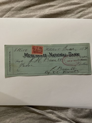 1899 Merchants National Bank Check Hillsboro OH W/ 2 Cent Documentary ...