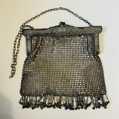 Vintage Mesh Fish Scale Purse German Silver Intricate Floral Fringe 262 ...