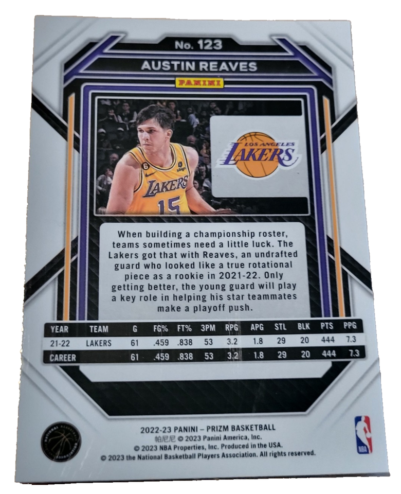 2023 Panini Prizm #123 Austin Reaves Los Angeles Lakers Basketball Card ...