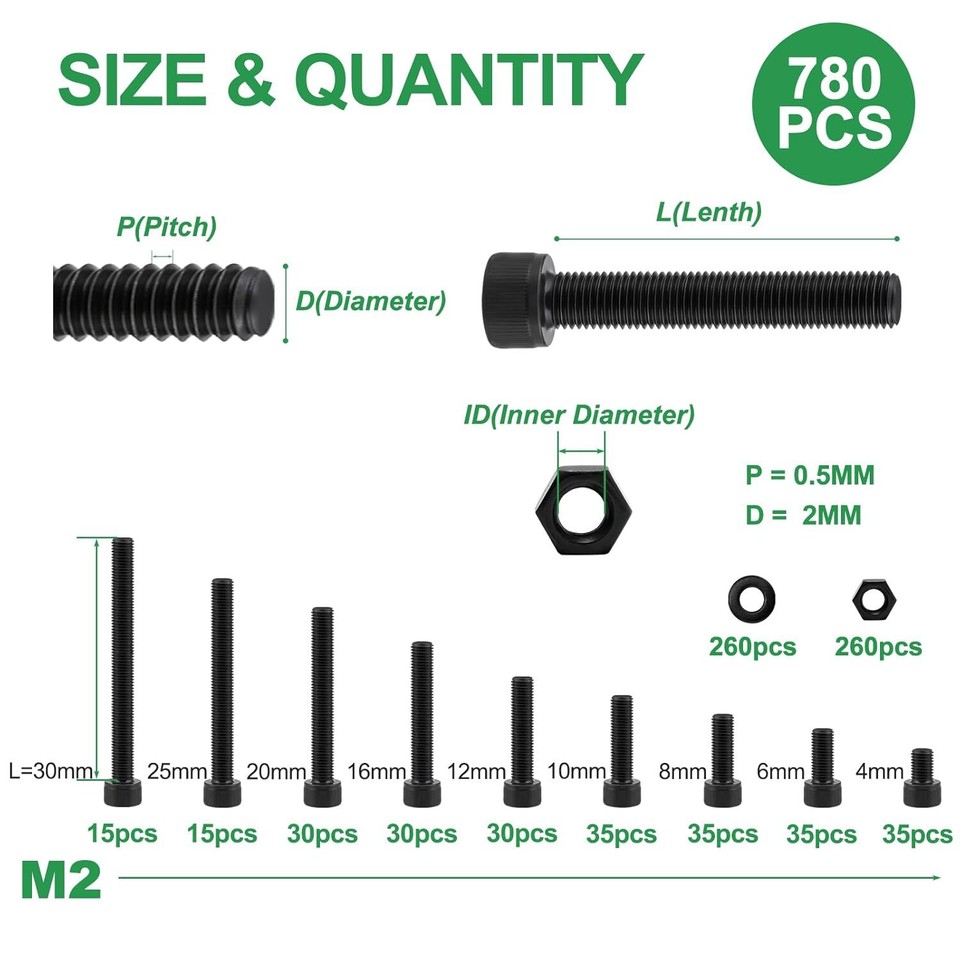 780Pcs Metric Hex Socket Head Cap Bolts& Screw & Nuts Assortment Kit ...
