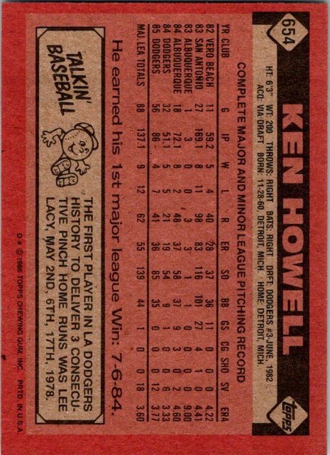1986 Topps - #654 Ken Howell for sale online | eBay