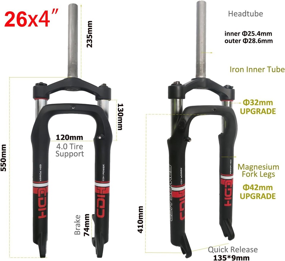 CDH 1-1/8" Threadless Fat Tire Bicycle Suspension Fork 26"x4" MTB Bike ...
