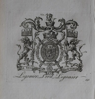 1756 ANTIQUE PRINT FAMILY CREST COAT OF ARMS LORD LIGONIER | eBay