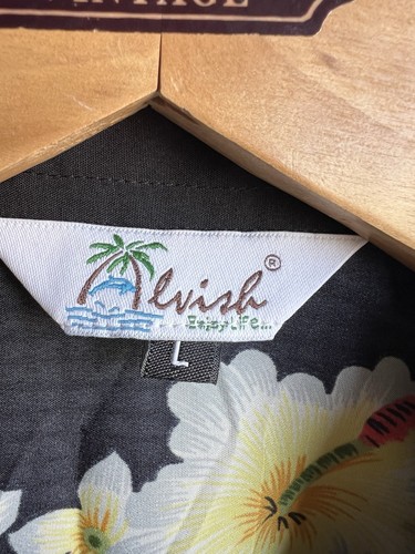 VTG Alvish Men LARGE Black Hibiscus Hawaiian Shirt Short Sleeve Button ...