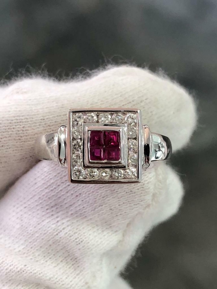 14k White Gold Genuine Diamonds Red Ruby Halo Design Princess Cut Ring ...