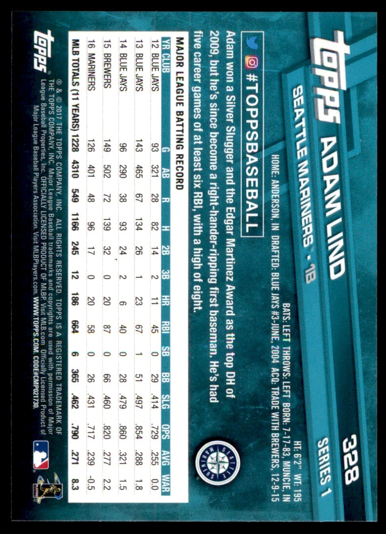 2017 TOPPS #328 ADAM LIND SEATTLE MARINERS | eBay