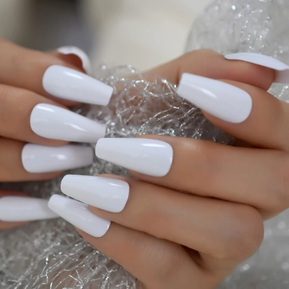 24 Press on nails kit w glue long white glossy coffin | eBay