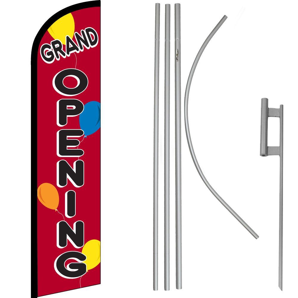 Grand Opening Balloons Windless Banner Flag & 16' Flagpole Kit /Ground ...
