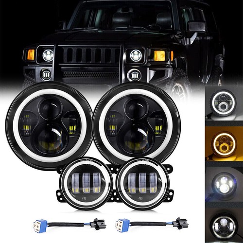 Fit Hummer H3 H3T 06-10 7" INCH Halo LED Headlight DRL & 4" Fog Lights ...