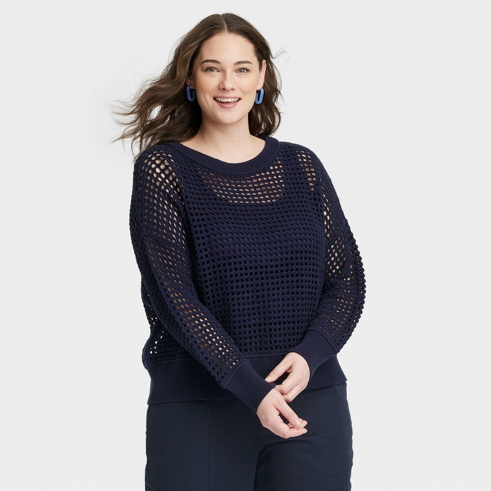 Women's Crewneck Mesh Pullover Sweater - A New Day Navy XXL | eBay