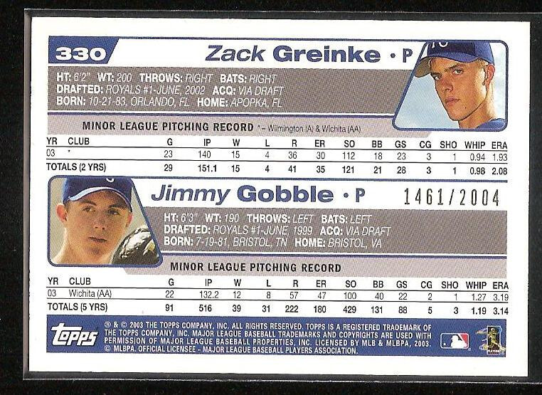 2004 Topps Future Stars Gold RC Rookie Zack Greinke Jimmy Gobble /2004 ...