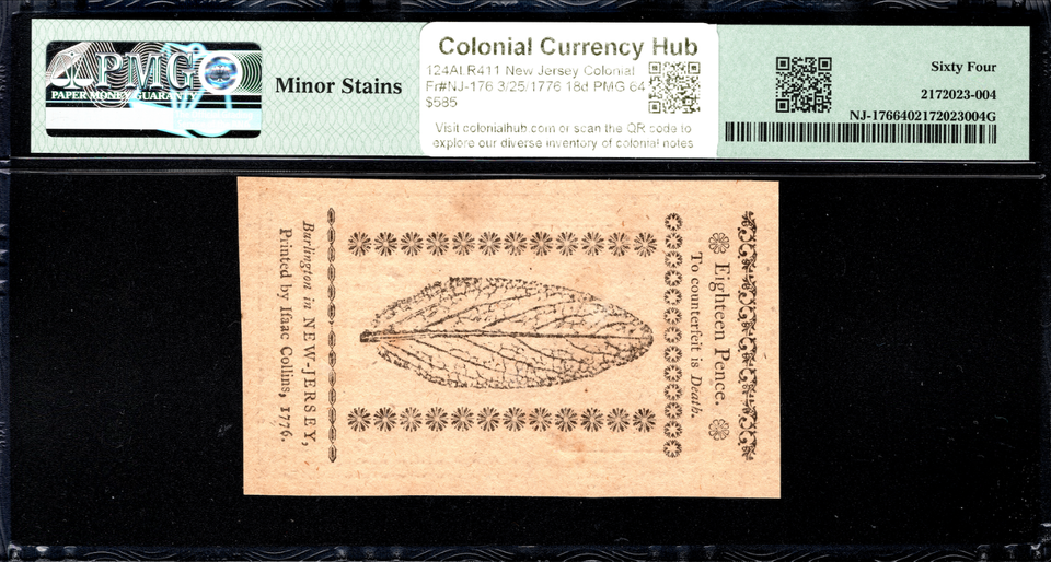 New Jersey Colonial Note Fr#NJ-176 March 25, 1776 18d PMG 64 | eBay