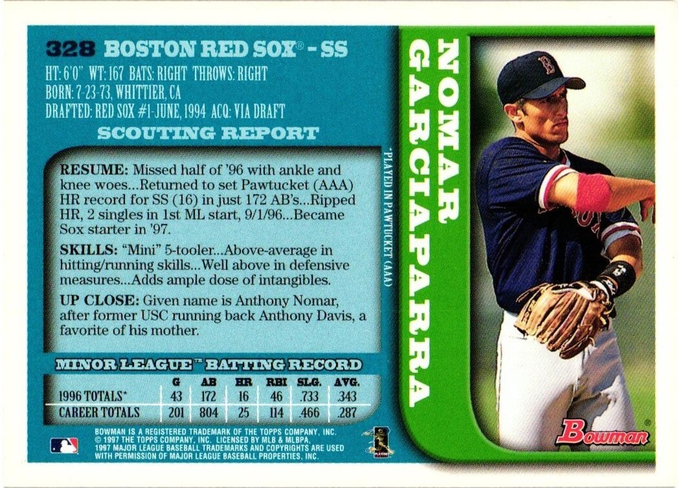 1997 Bowman Nomar Garciaparra #328 Boston Red Sox SS Mint | eBay