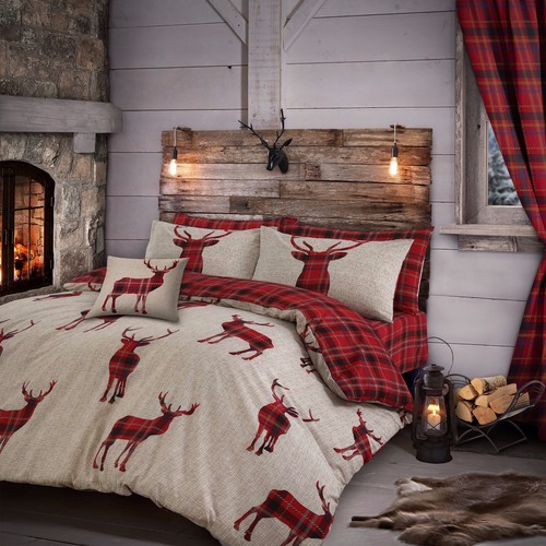 Tartan Check Duvet Cover Bedding Set Stag Tartan Red Poly Cotton Quilt ...