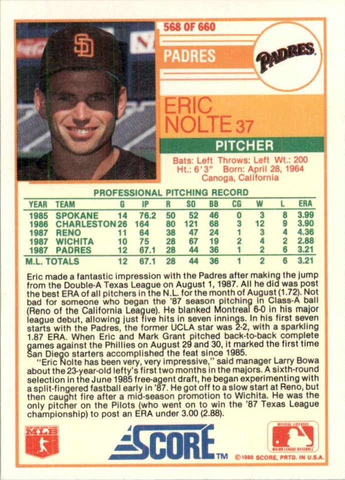 1988 Score MLB Eric Nolte #568 | eBay