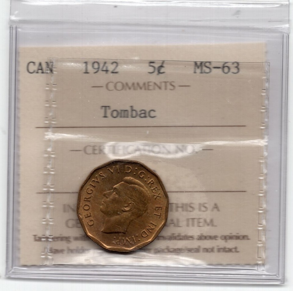 1942 Canada 5 Cent Coin - ICCS MS-63 Tombac | eBay