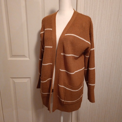 Pink Republic Women's Cardigan Sweater Size M Rusty Brown White Striped ...
