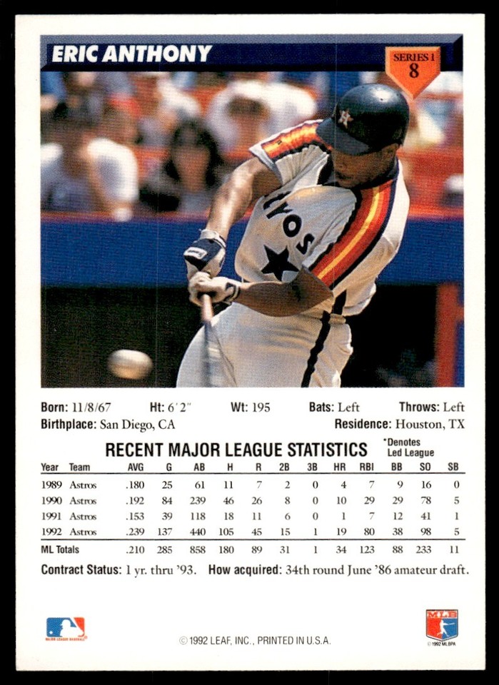 1993 Donruss Baseball Card Eric Anthony Houston Astros #8 | eBay