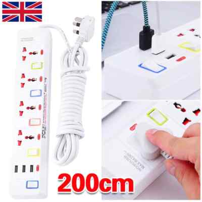 Extension Lead with 3 USB Cable Electric Plug Socket UK Mains Power 4 ...