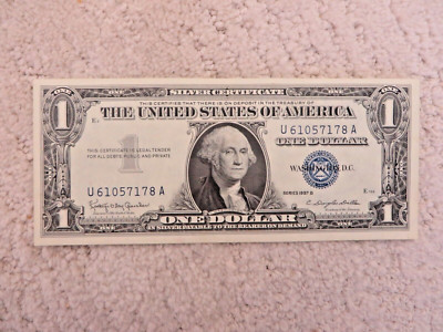 1957 One Dollar Blue Seal Series B Note Silver Certificate Old US Bill ...