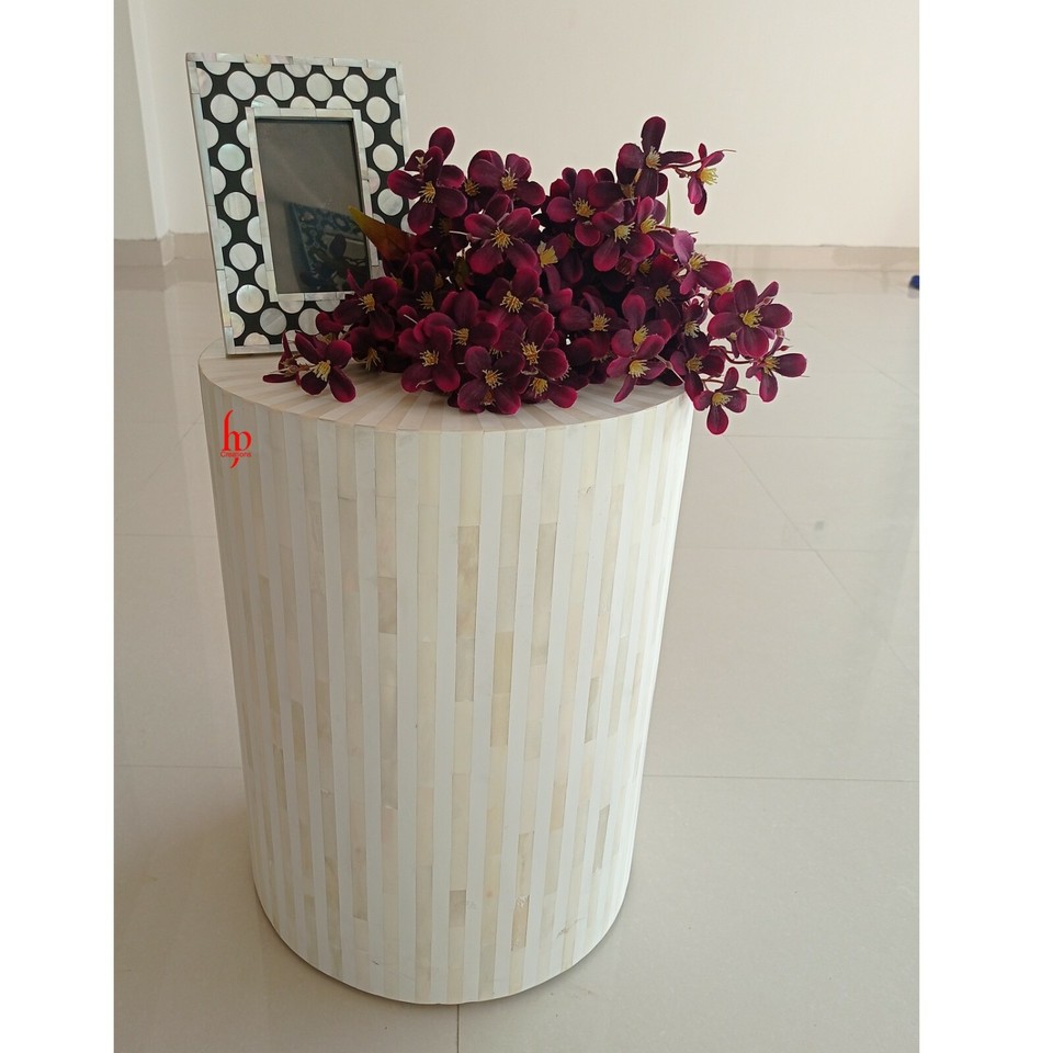 White Round Stool | Handmade Bone Inlay Stripe Stool Table | Home Decor ...