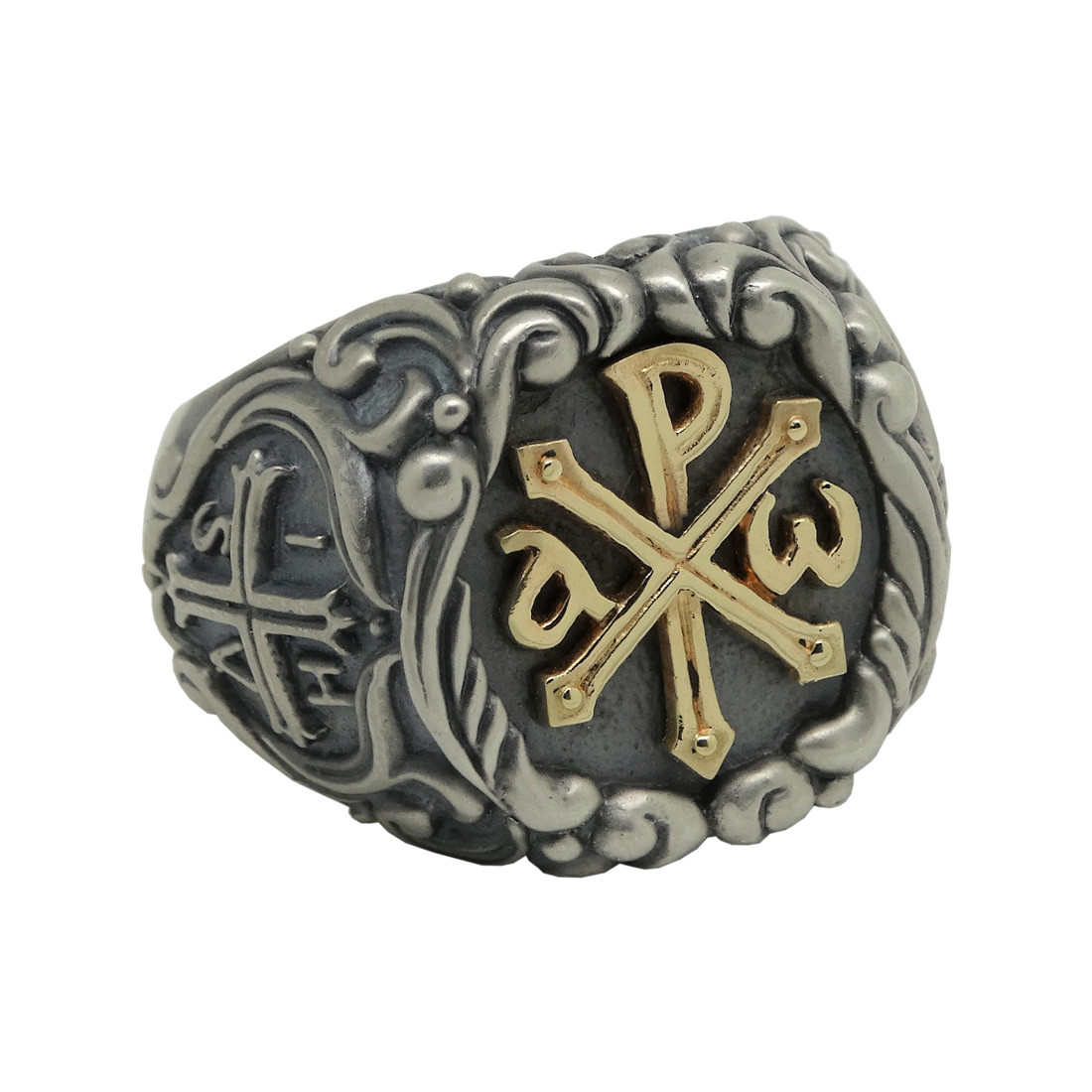 Knights Templar Chi Rho Gold 10K and Silver 925 Alfa Omega Men’s Ring ...