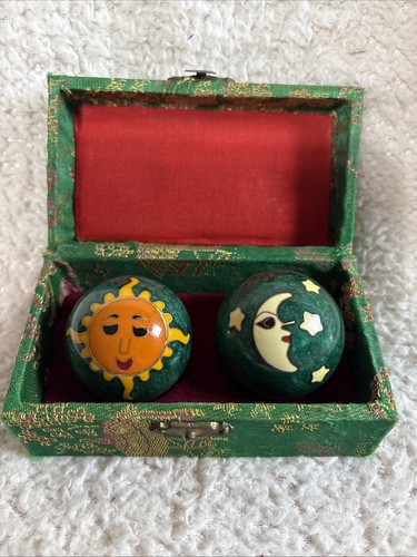 Set of 2 Vintage Chinese Baoding Sun and Moon Iron Balls 5” Green Box ...