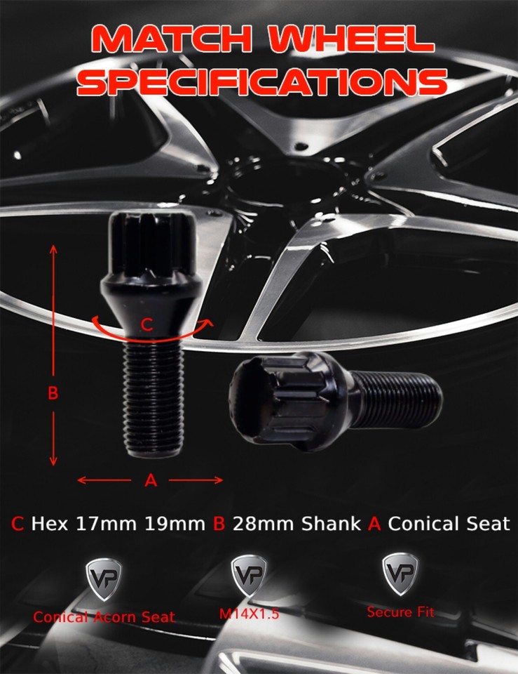 4 14x1.5 28mm Black Conical Wheel Locks for Mercedes Aftermarket Wheels ...