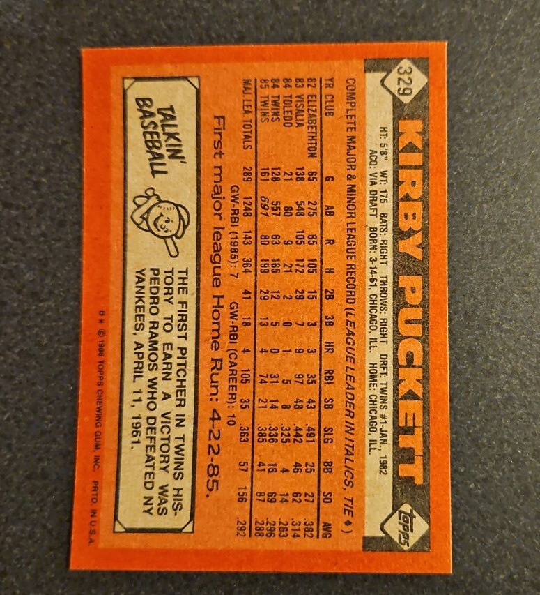 1986 Topps *ERROR MISPRINT CARD* #329 KIRBY PUCKETT Twins Near Mint or ...
