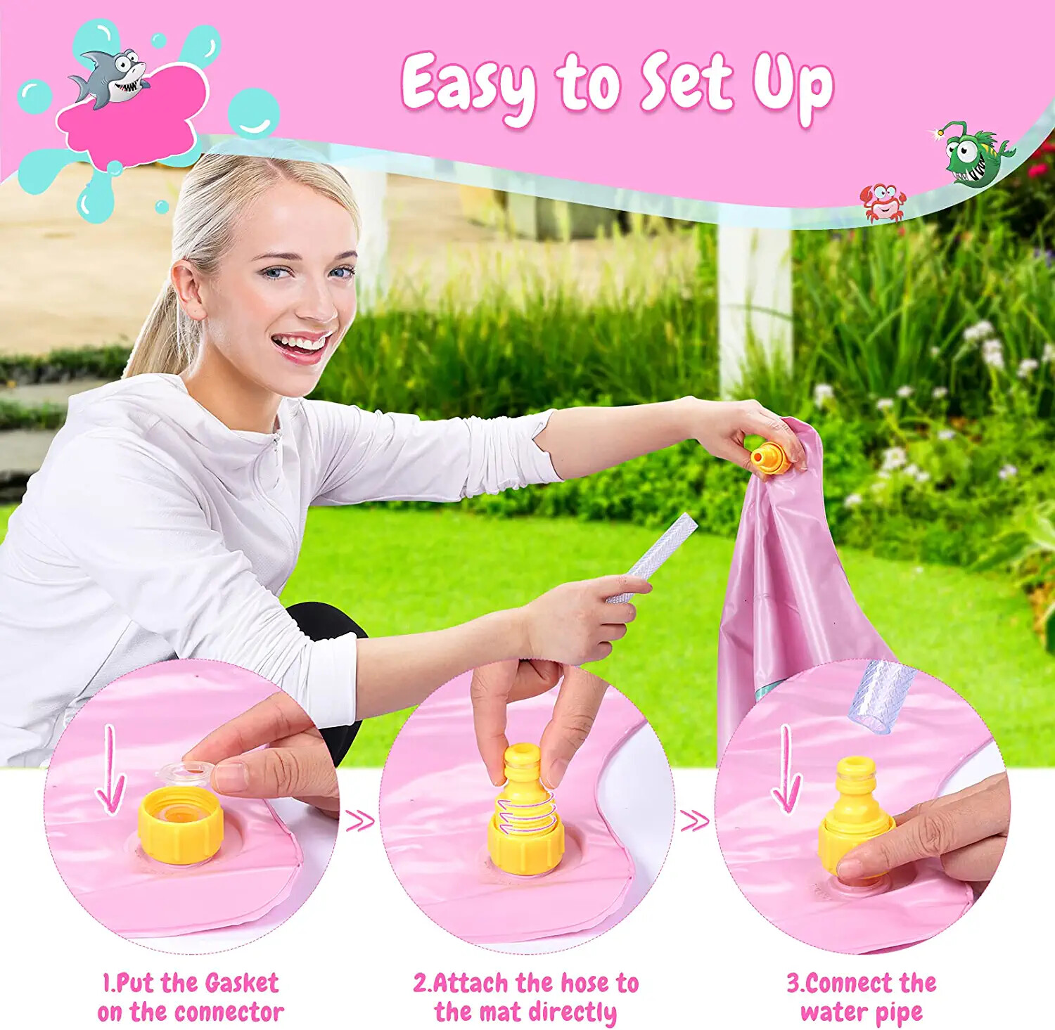 Pink Mermaid Blue Shark Sprinkler Splash Play Pad Kids Large Splash ...