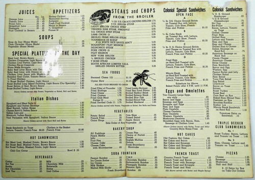 Original Vintage Dinner Menu COLONIAL SUPPER CLUB Stroudsburg PA | eBay