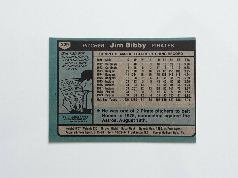 1980 Topps Jim Bibby Baseball Card. #229 Pittsburgh Pirates Pitcher ...
