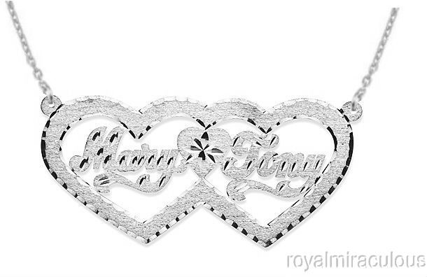 Personalized Double Heart Satin Diamond Cut Nameplate Necklace 14K ...