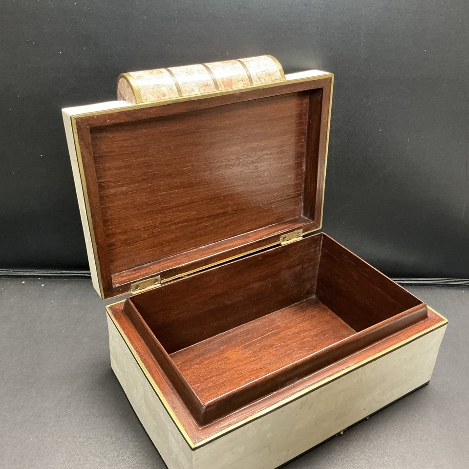 Maitland-Smith LTD Marble & Brass Inlay Box Handmade 9”w X 4.5”h X 6.5 ...