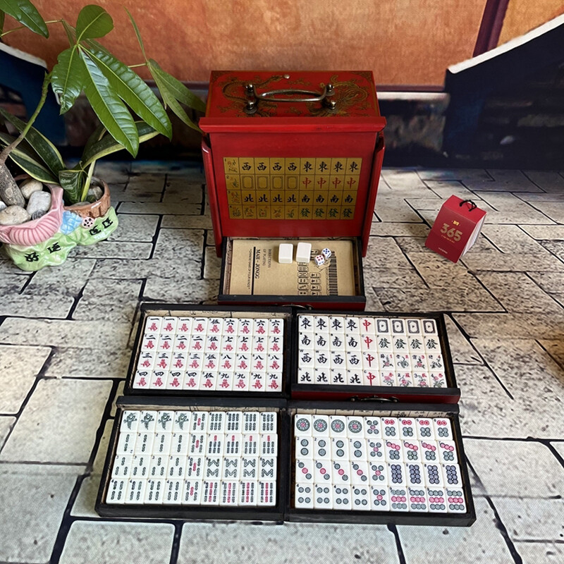 Portable Vintage Mahjong 144 Tiles Game Mah-Jong set In wood 5 drawer ...