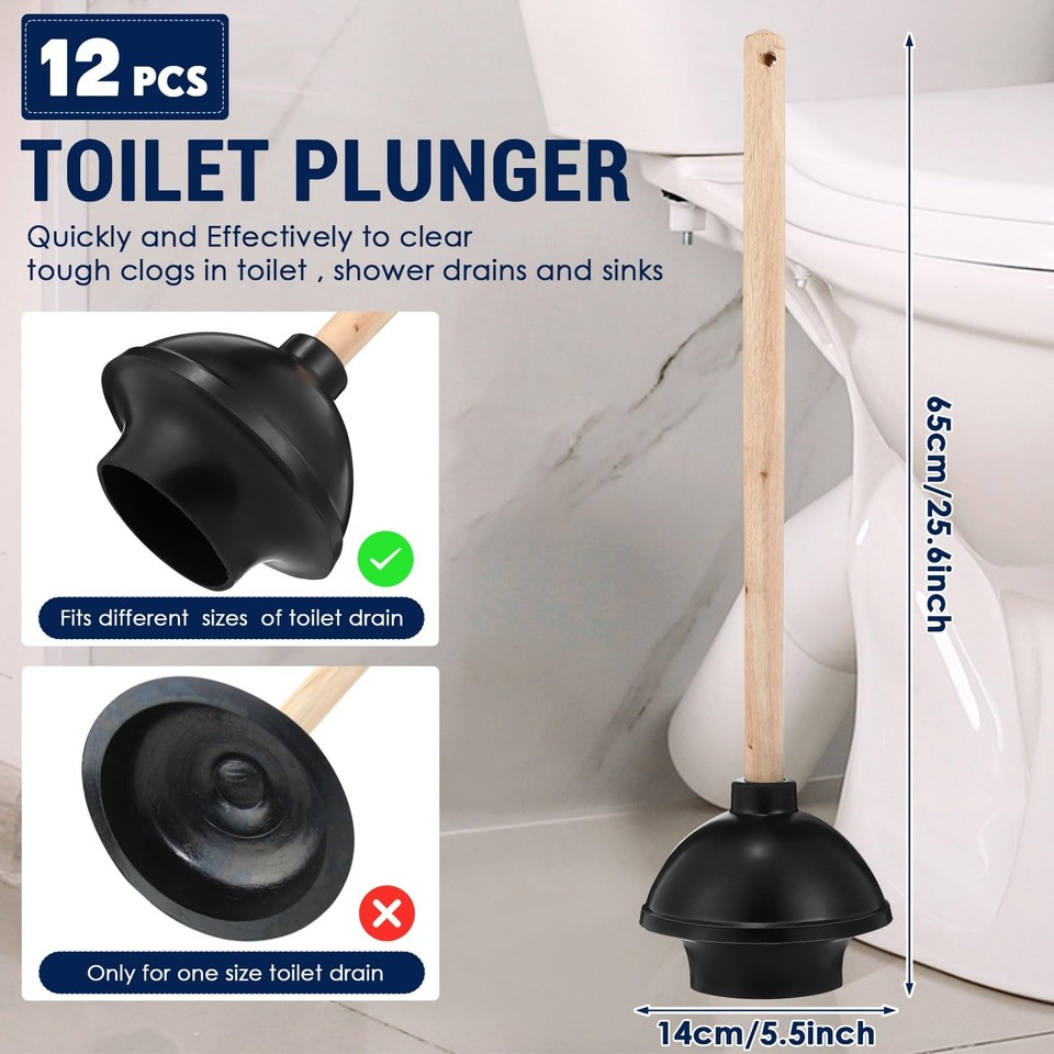 12 Pcs Rubber Toilet Plunger Set, Heavy Duty, Long Wooden Handle, Clog ...
