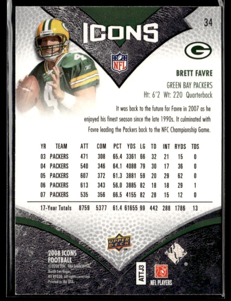 2008 Upper Deck Icons #34 Brett Favre Packers Football Card 2701H | eBay