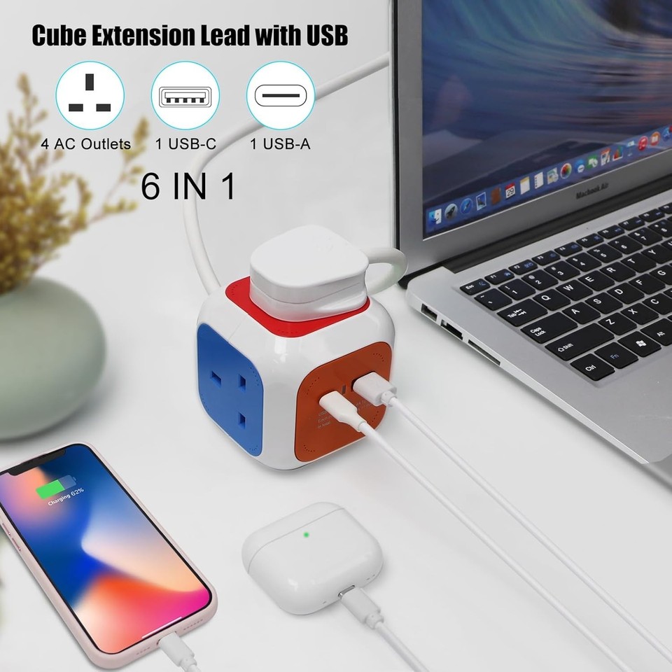 4 Way Power Cube Extension Lead 1.5M USB C & USB Ports Multi Plug ...