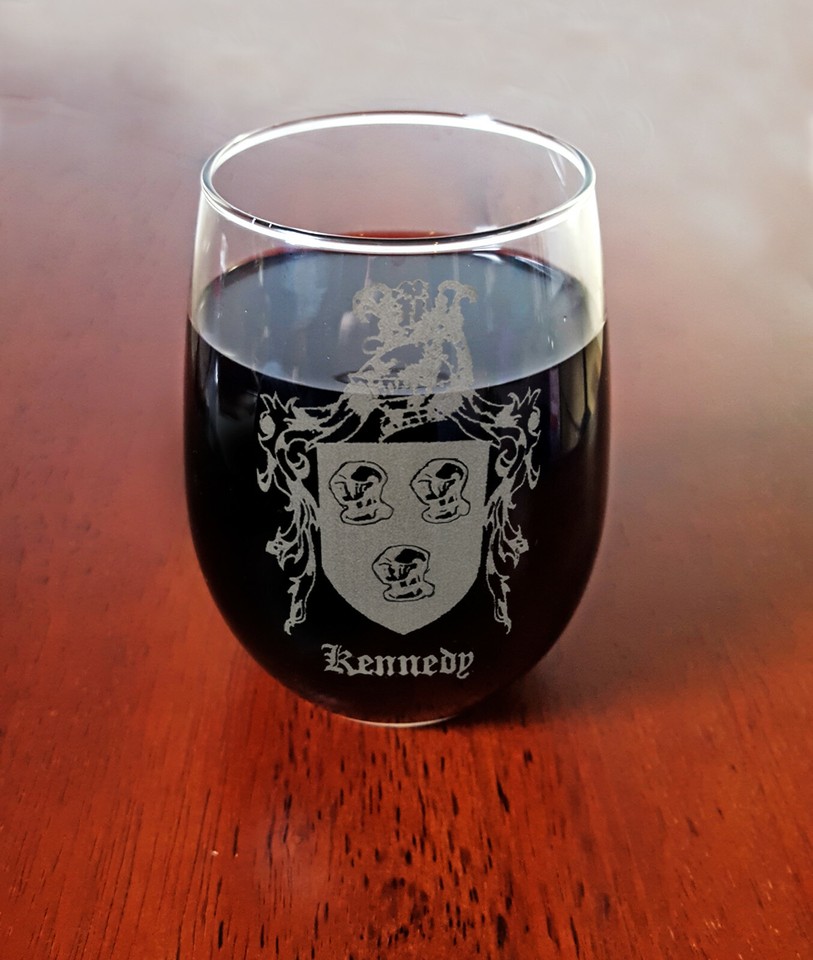 Kennedy Irish Coat of Arms Engraved Stemless Wine Glass, Family Crest ...