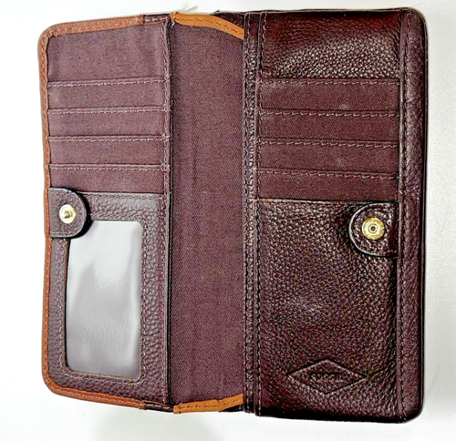 Fossil Tri Color Brown Leather Wallet Embossed Hardware Snap Close VTG ...