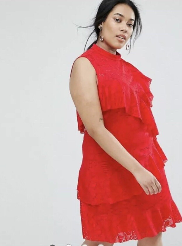 ASOS CURVE Lace Ruffle Mini Rara Dress UK20 US16 BNWT Red | eBay