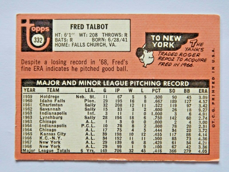 Fred Talbot #332 Topps 1969 Baseball Card (New York Yankees) *VG | eBay